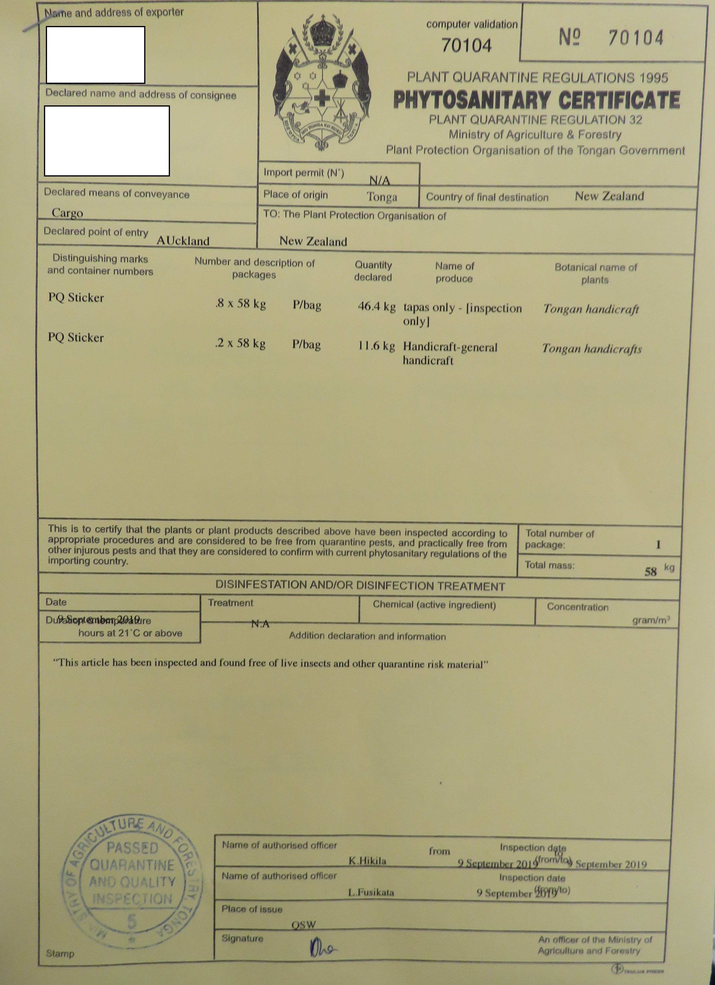 phyto certificate handicraft