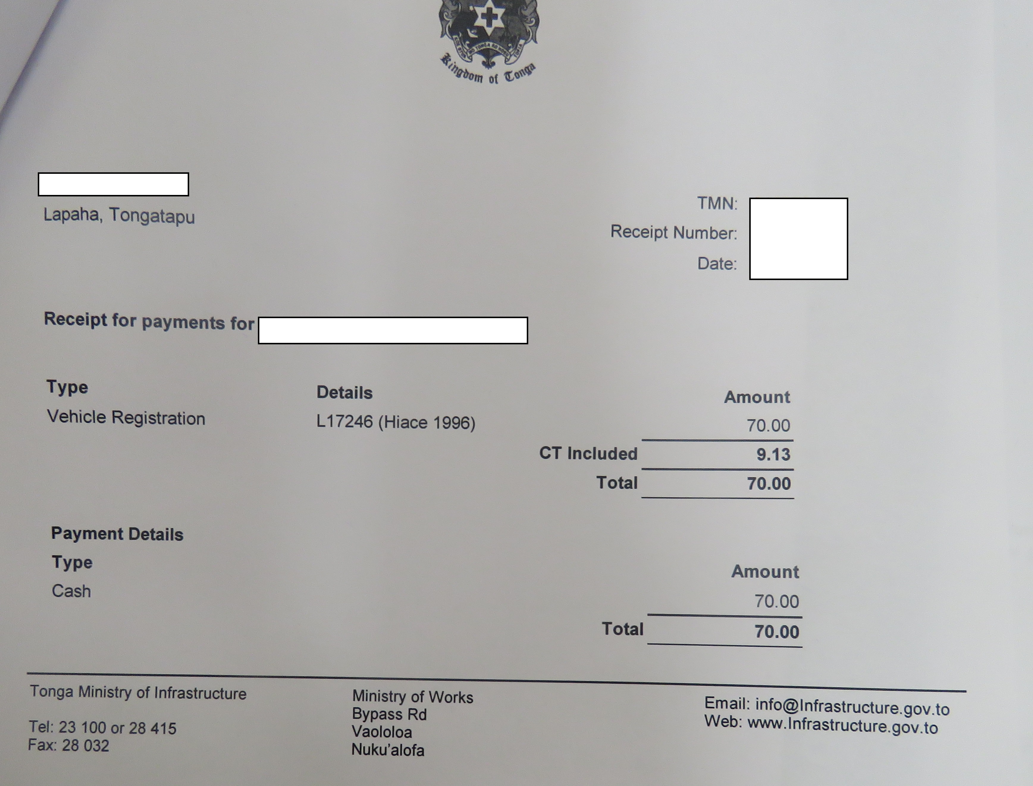 receipt reg of a new vehicle